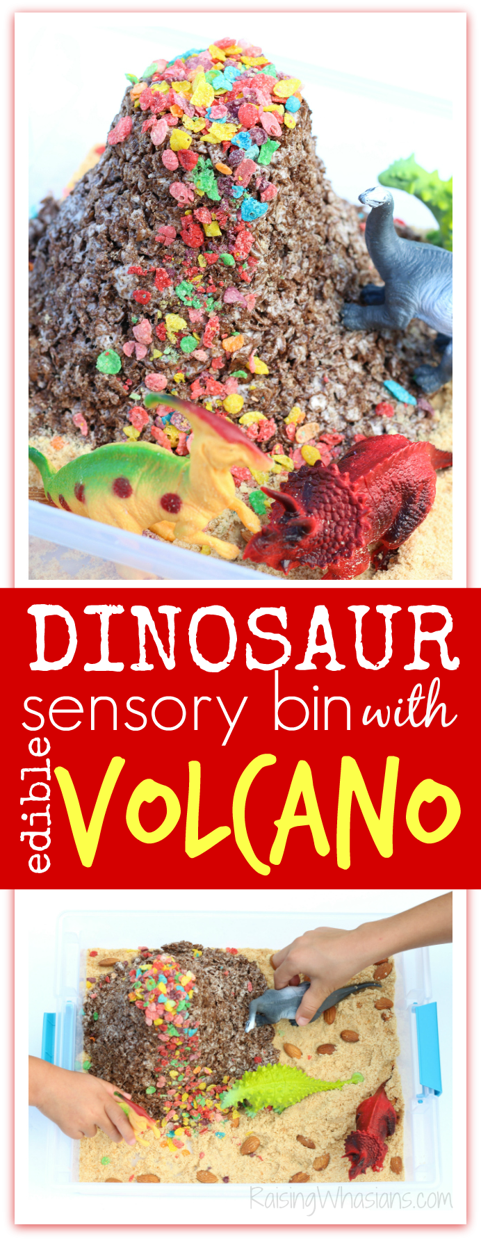 Dinosaur Sensory Bin with Edible Volcano - Raising Whasians