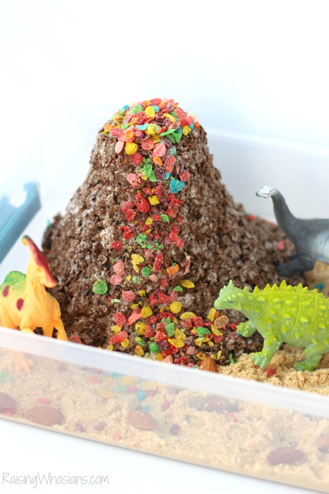 Dinosaur Sensory Bin with Edible Volcano - Raising Whasians