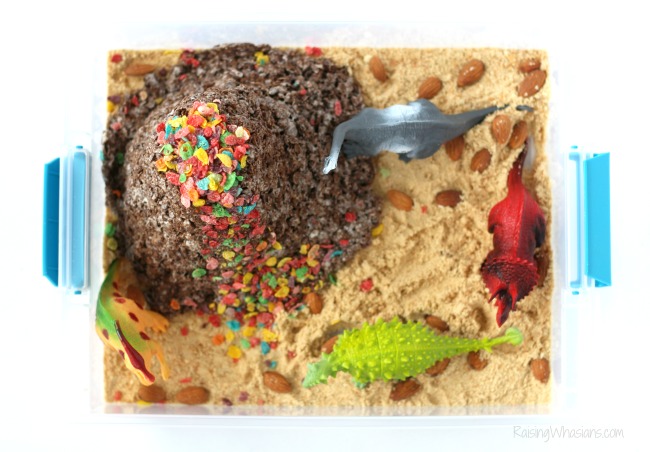 Dinosaur Sensory Bin with Edible Volcano - Raising Whasians